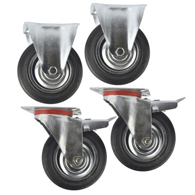 6" (150mm) Rubber Fixed and Swivel With Brake Castor Wheels (4 Pack)
