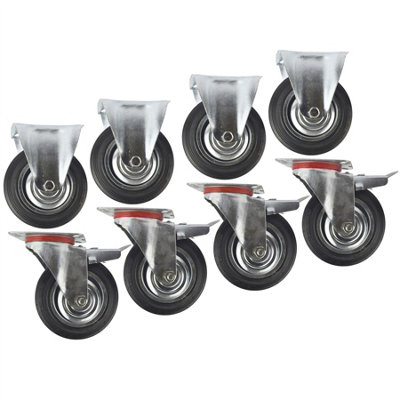 6" (150mm) Rubber Fixed and Swivel With Brake Castor Wheels (8 Pack)