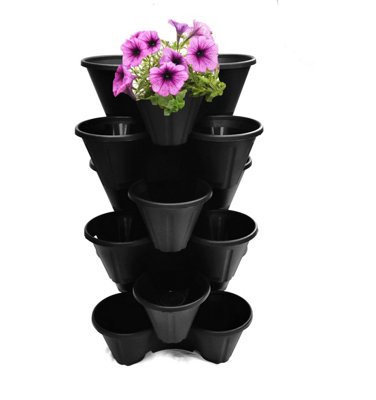 6 Black Strawberry Trio Planter Flower Pot Stackable Plastic Patio Herb ...