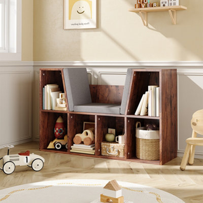 6 Compartments Cozy Kids' Bookcase with Reading Seat Retro 65cm H | DIY ...