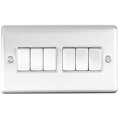 6 Gang Multi Light Switch SATIN STEEL 2 Way 10A White Trim & Metal ...