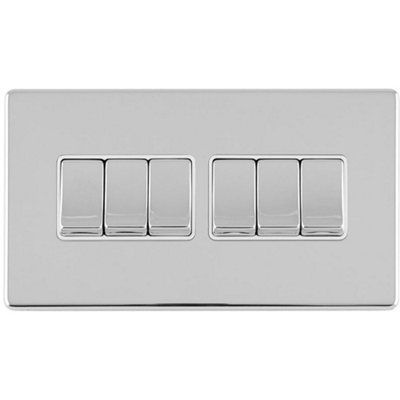 6 Gang Multi Light Switch SCREWLESS POLISHED CHROME 2 Way 10A Metal ...