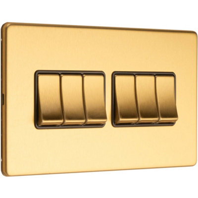 6 Gang Multi Light Switch SCREWLESS SATIN BRASS 2 Way 10A Metal Rocker ...