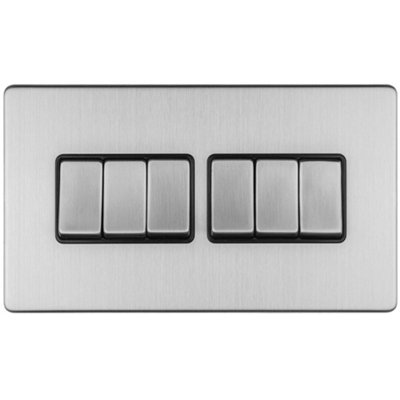 6 Gang Multi Light Switch SCREWLESS SATIN STEEL 2 Way 10A Metal Rocker ...