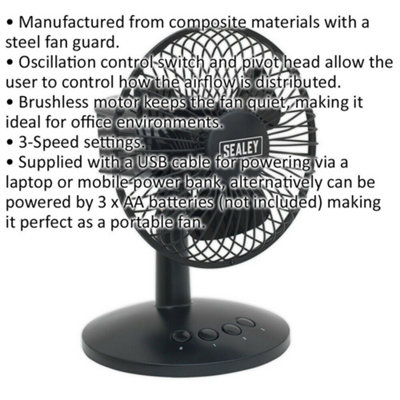 6 Inch Oscillating USB Desk Fan - 3 Speed Settings - Personal Desktop ...