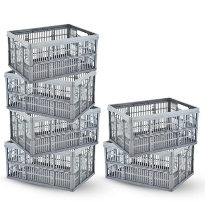 6 Pack 32 Litre Foldable Plastic Storage Crates Grey Collapsible ...