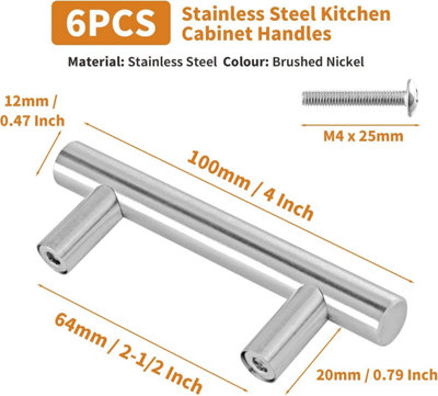 6 Pack Brushed Nickel Cabinet Handles 64mm Hole Centers, 100mm Length ...