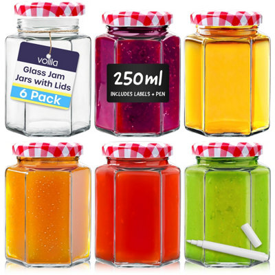 6 Pack Hexagonal Jam Jars 250ml