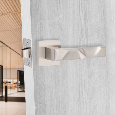 6 Pair Modern Nova Design Satin Nickel Premium Door Handles Square Rose ...