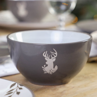6 Piece Grey Stag Plates and Bowls Reindeer Christmas Dinner Set 2 ...