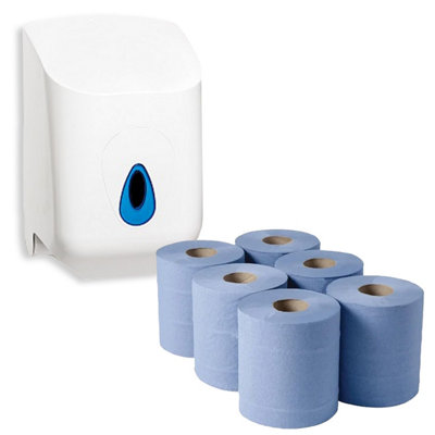 6 ROLLS OF HIGHLY EMBOSSED BLUE CENTREFEED ROLLS & DISPENSER