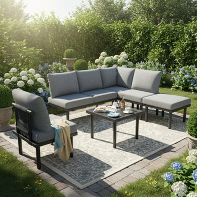 6 Seater Garden Furniture Set Rope Garden Sofa Set with Glass Coffee ...
