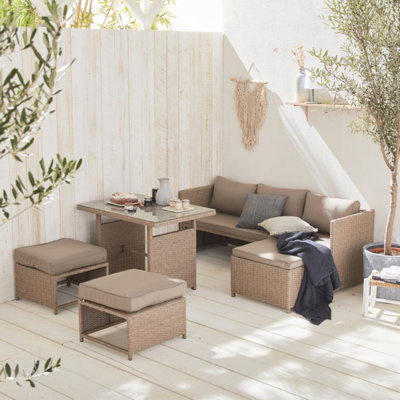 6-seater rounded rattan garden sofa set with table - Reggiano - Natural ...