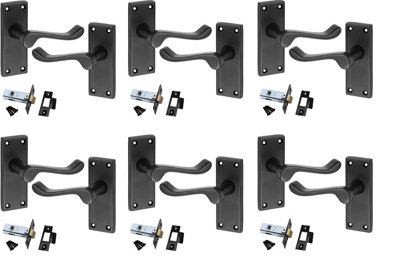 6 Set Premium Victorian Scroll Latch Door Handles Matt Black Finish ...