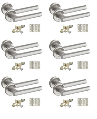 6 Set Straight T-Bar Door Handles Satin Nickel Finish Round Rose with ...