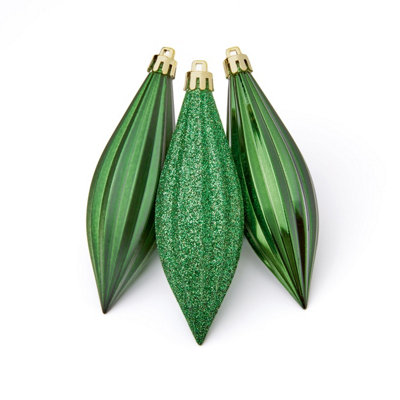 6 Teardrop Christmas Baubles 11cm Dark Green Glitter Tree Ornament ...