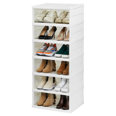 6 Tier Double Shoe Storage Organiser Box Foldable and Stackable Clear ...