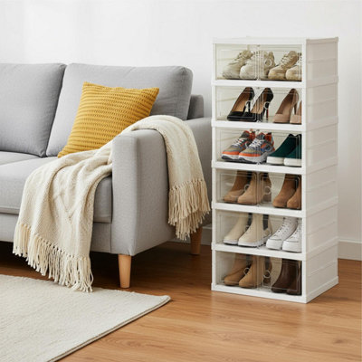 6 Tier Double Shoe Storage Organiser Box Foldable and Stackable Clear ...