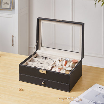 6 Watch Slots Luxury Black Leather Jewellery Box Multiple Compartments ...