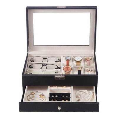 6 Watch Slots Luxury Black Leather Jewellery Box Multiple Compartments ...