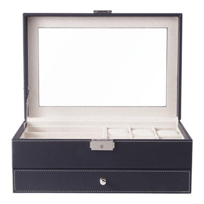 6 Watch Slots Luxury Black Leather Jewellery Box Multiple Compartments ...