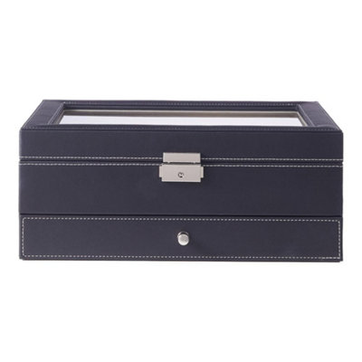 6 Watch Slots Luxury Black Leather Jewellery Box Multiple Compartments ...