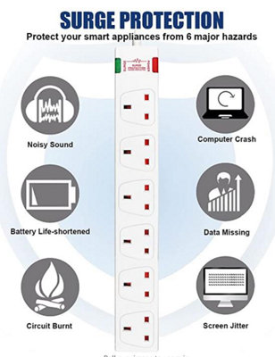 6 Way Socket with Cable 3G1.25,2M,Black,with Power Indicater,Child ...