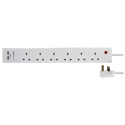 6 Way Surge Protected Mains Power Extension Lead with 2 x USB Ports, 1m ...