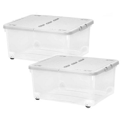6 x 30L Clear Plastic Stackable Wheeled Storage Containers With Folding ...