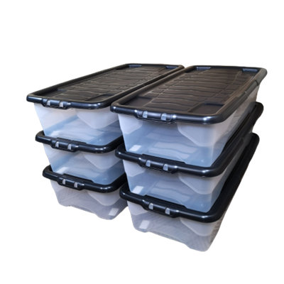 6 x 42L Clear Under Bed Storage Box with Black Lid, Stackable and ...