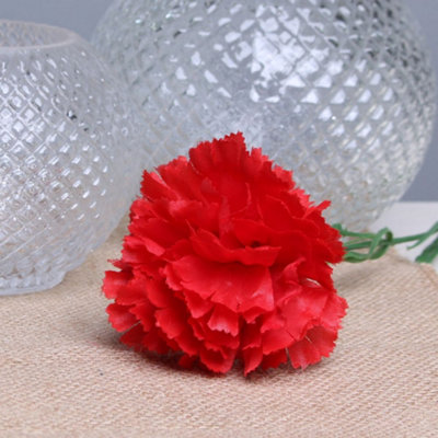 6 x Red Artificial Silk Carnations. Single Stems. Stem Length 48 cm ...