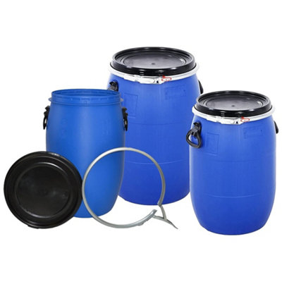 60 Litre Plastic Blue Open Top Storage Barrel Drum Keg with Lid & Latch ...