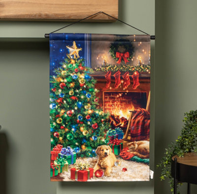 60 x 40cm Battery Operated Light up Fireplace and Tree Fabric Hanging ...