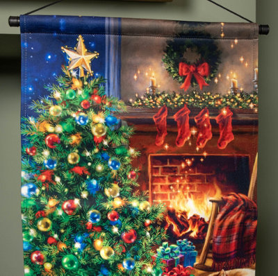60 x 40cm Battery Operated Light up Fireplace and Tree Fabric Hanging ...