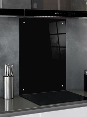 60 x 70cm Black Glass Kitchen Splashback Splatter Screen Pre Drilled ...