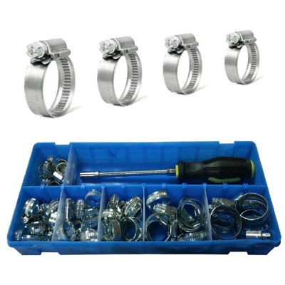 60 x Assorted Worm Drive Jubilee Hose Clamps & Flexible Driver, High ...