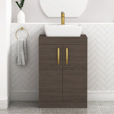 600mm Floor Standing Vanity Unit 2 Door Grey Elm & Countertop Basin ...