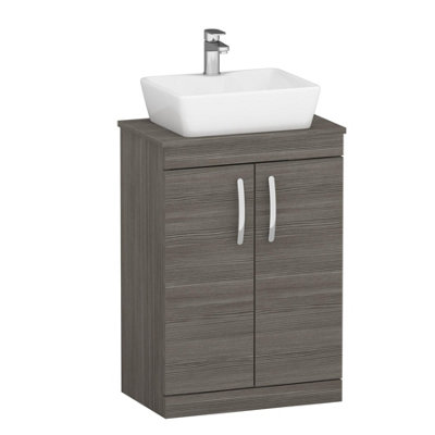 600mm Floor Standing Vanity Unit 2 Door Grey Elm & Countertop Basin - Cube