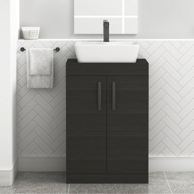 600mm Floor Standing Vanity Unit 2 Door Hale Black & Countertop Basin ...