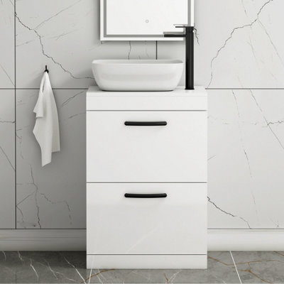 600mm Floor Standing Vanity Unit 2 Drawer Gloss White & Countertop ...