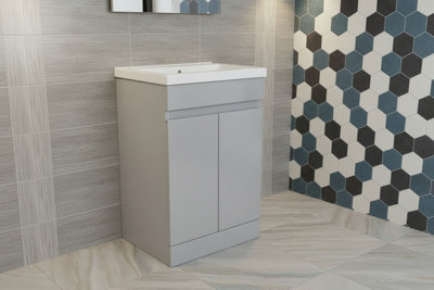 600mm High Gloss Light Grey Handleless Vanity Unit - Floor Standing ...
