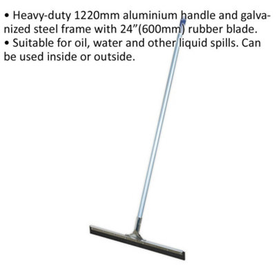 600mm Rubber Blade Floor Squeegee - Aluminium Handle - Metal Support Beam