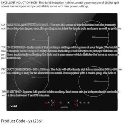 60cm 2800W Black Glass Induction Hob with Bridge Zone - Efficient ...