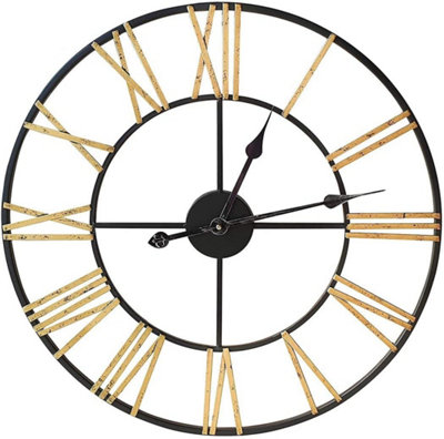 60cm Black & Gold Metal Roman Numerals Large Analog Wall Clock Indoor ...