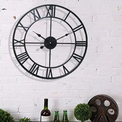 60CM Large Skeleton Metal Roman Wall Clock Big Numerals Giant Open ...