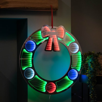 60cm Light up Hanging Christmas Wreath Infinity Mirror with Multi ...