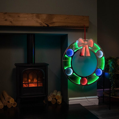 60cm Light up Hanging Christmas Wreath Infinity Mirror with Multi ...