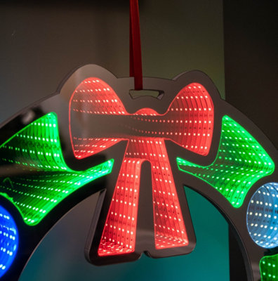 60cm Light up Hanging Christmas Wreath Infinity Mirror with Multi ...