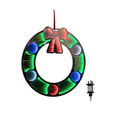 60cm Light up Hanging Christmas Wreath Infinity Mirror with Multi ...