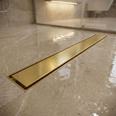 60cm Linear Shower Drain Brushed Brass Stainless Steel Wet Room Floor ...